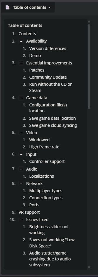 PCGamingWiki — Table of Contents